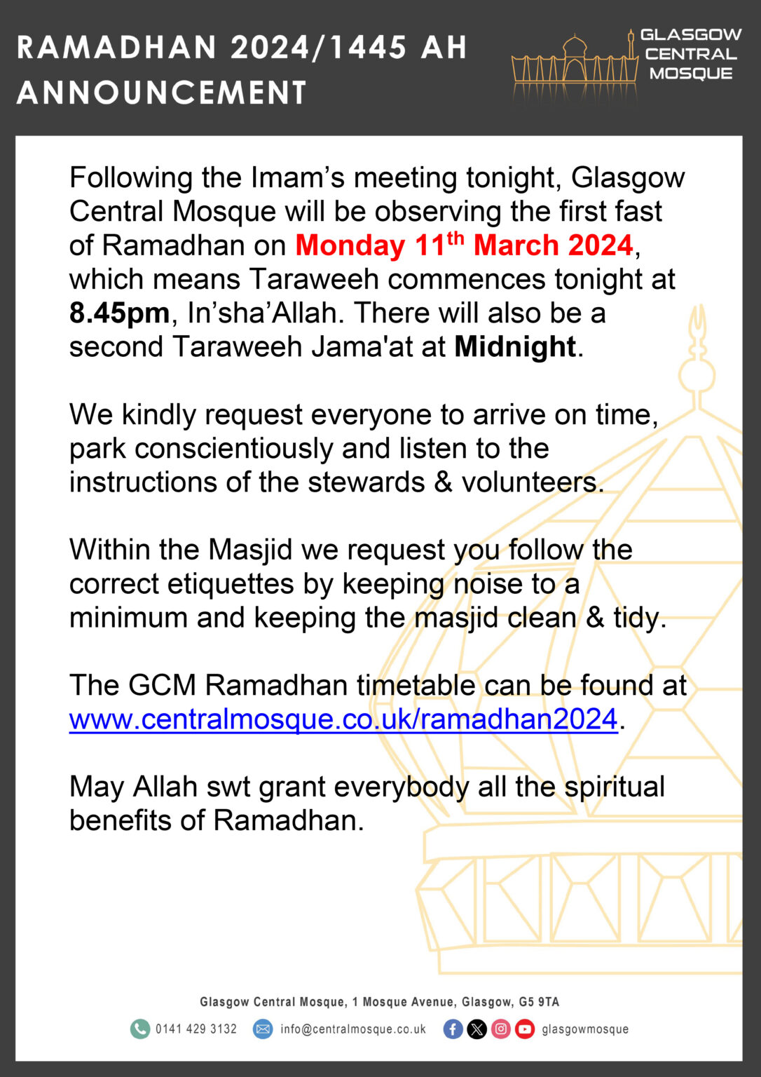 Ramadhan Announcement | Glasgow Central Mosque