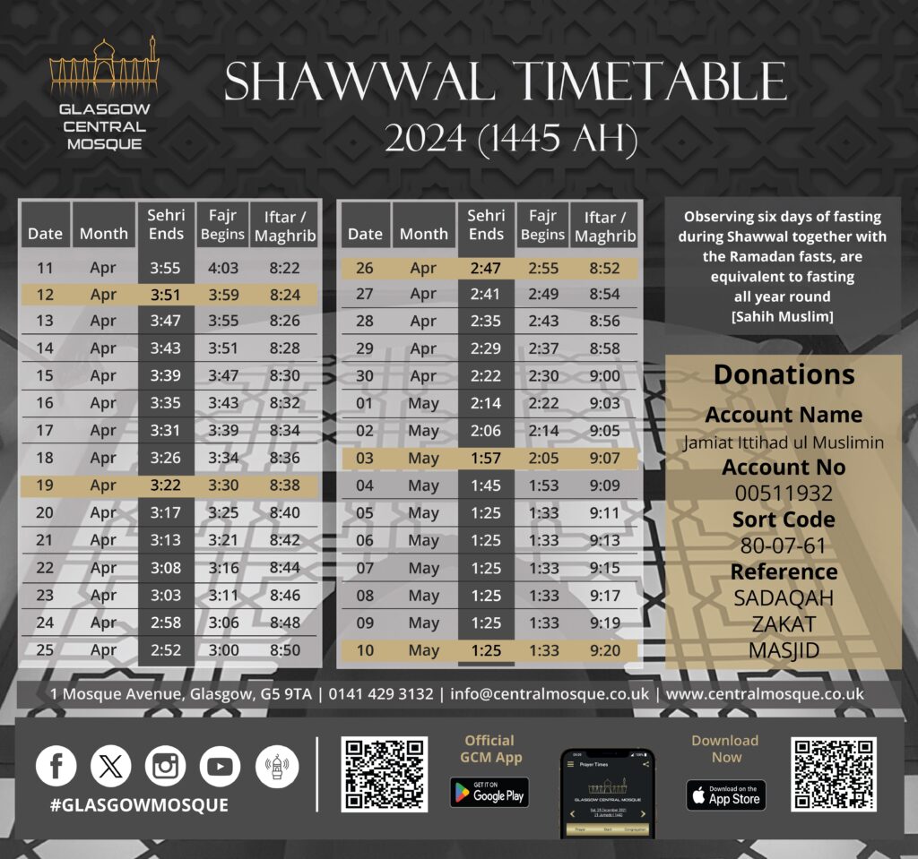 Shawwal Timetable | Glasgow Central Mosque