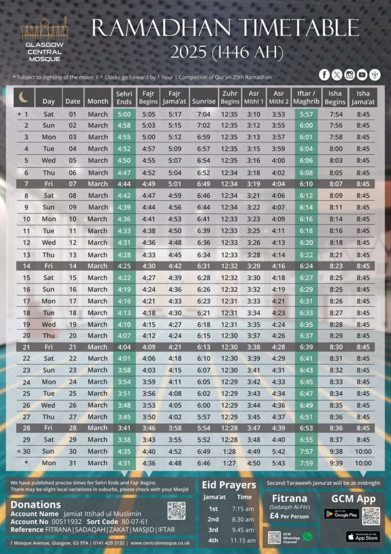 Ramadhan Timetable 2025 / 1446 AH | Glasgow Central Mosque