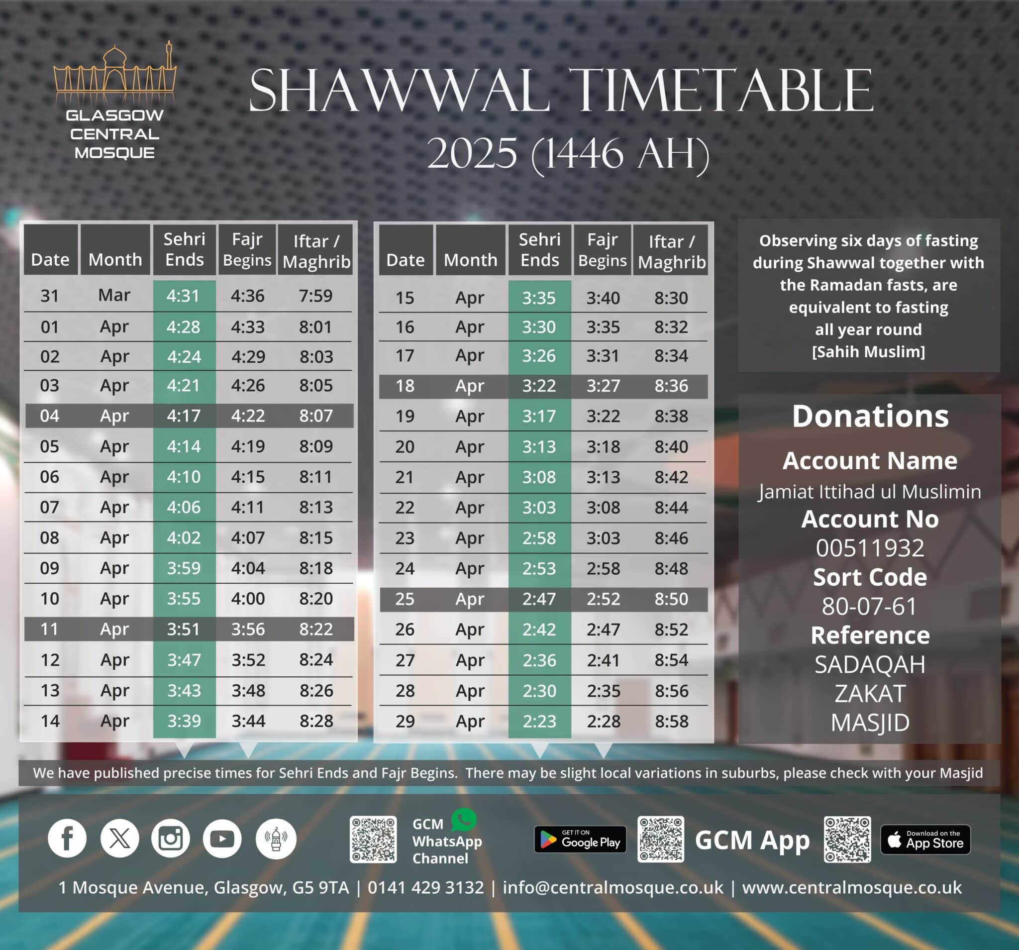 Shawwal Timetable 2025 | Glasgow Central Mosque